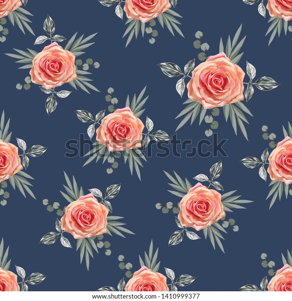 Seamless Pattern Beautiful Pink Rose Vintage: เวกเตอร์สต็อก (ปลอดค่า ...