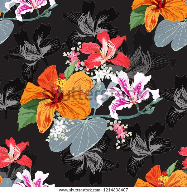 Seamless Pattern Botanical Orange Hibiscus Wild: เวกเตอร์สต็อก (ปลอดค่า ...