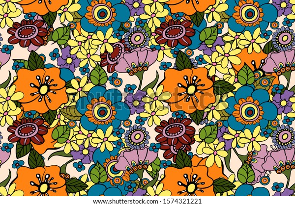Seamless Pattern Bright Flowers Style 70s Stock Vector (Royalty Free ...