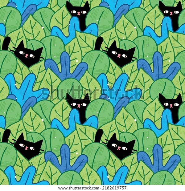 Seamless Pattern Cartoon Black Cat Leaf Stock Vector (Royalty Free ...