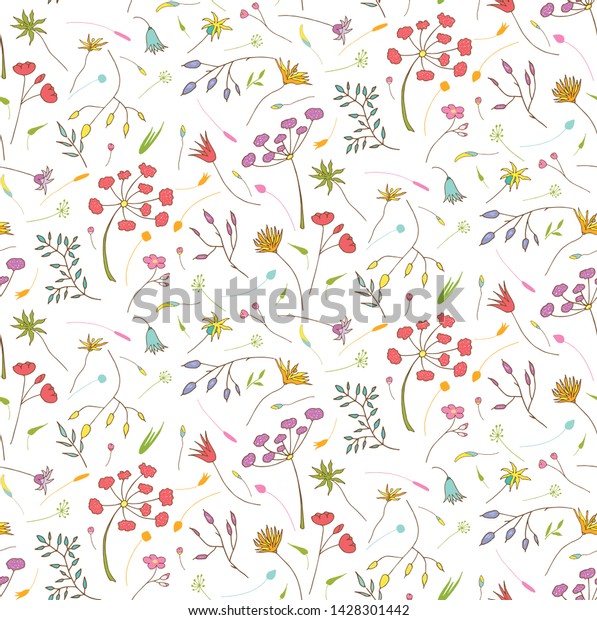 Seamless Pattern Cartoons Fantasy Flowers Leaves Stock Vector (Royalty ...