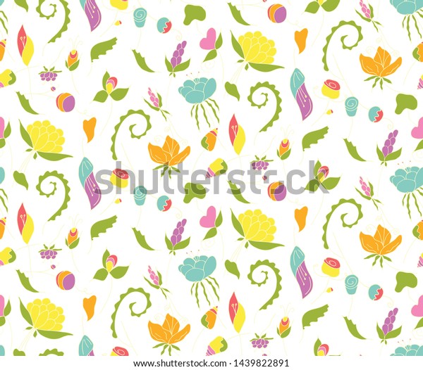 Seamless Pattern Cartoons Fantasy Flowers Leaves Stock Vector (Royalty ...