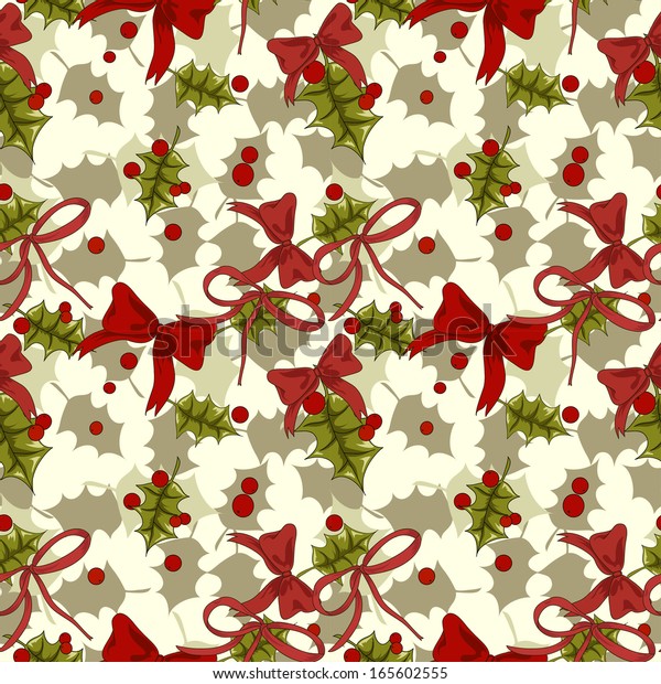 Seamless Pattern Christmas Bows Holly Leaves Stock Vector (Royalty Free ...
