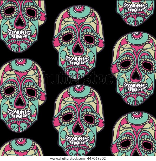Seamless Pattern Color Skulls Black Background: เวกเตอร์สต็อก (ปลอดค่า ...