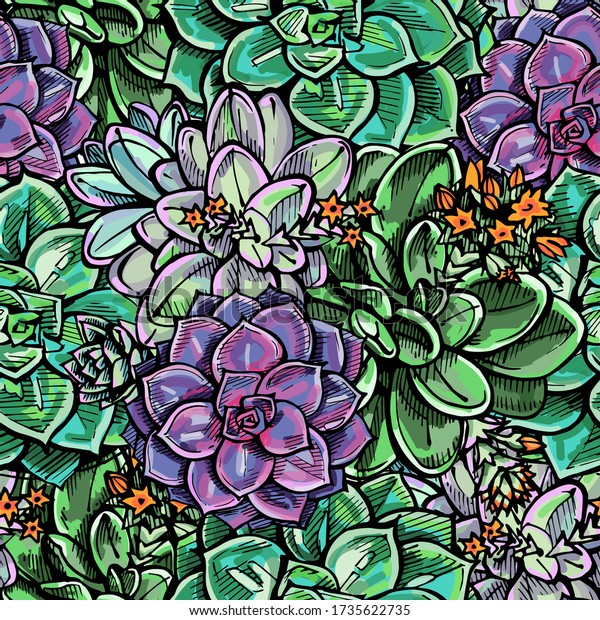 Seamless Pattern Colored Handdrawn Succulents On Stock Vector (Royalty ...