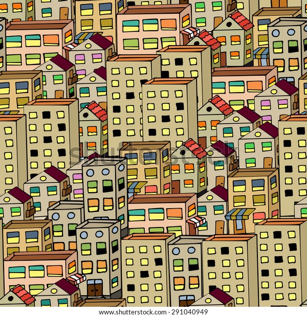 Seamless Pattern Colorful Cartoon Buildings Hand Stock Vector (Royalty ...