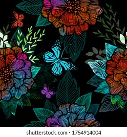 Seamless Pattern Colorful Flowers Black Background Stock Vector ...