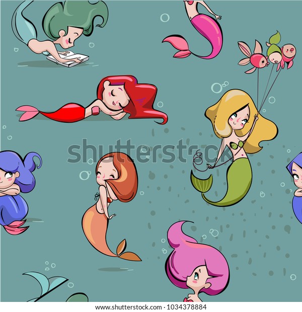 Seamless Pattern Cute Cartoon Mermaids Vetor Stock Livre De Direitos