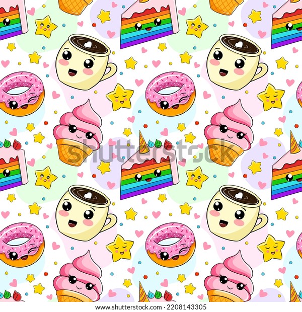Seamless Pattern Cute Food Characterscolorful Kawaii Stock Vector ...