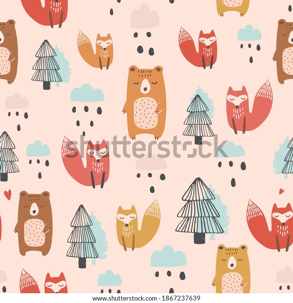 Seamless Pattern Cute Forest Animals Bear Stock Vector (Royalty Free ...