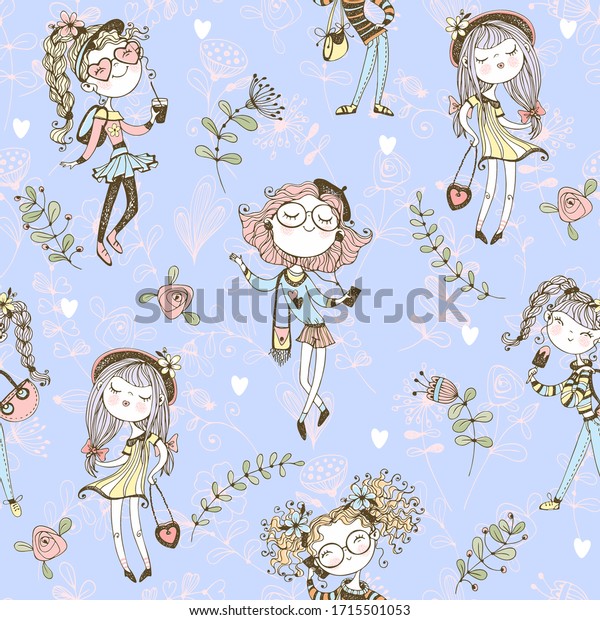 Seamless Pattern Cute Trendy Teen Girls Stock Vector (Royalty Free ...