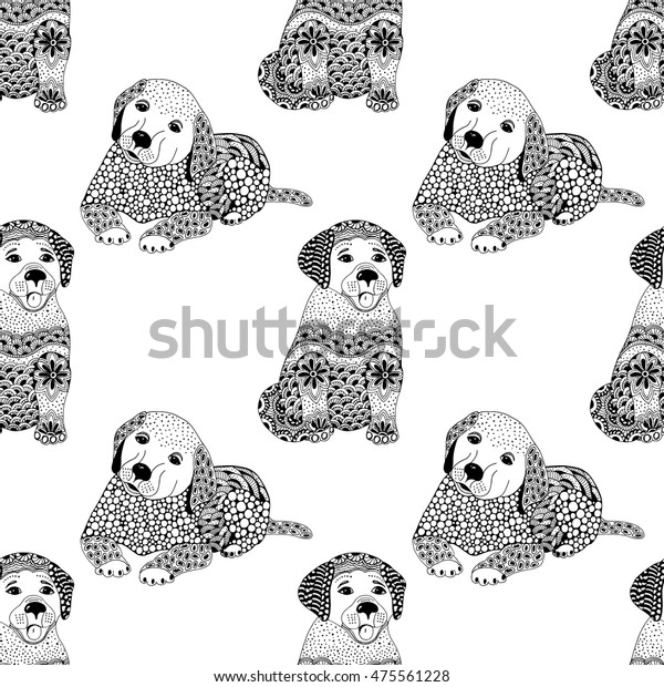 Seamless Pattern Dogs Handwritten Zentangle Style Stock Vector (Royalty ...