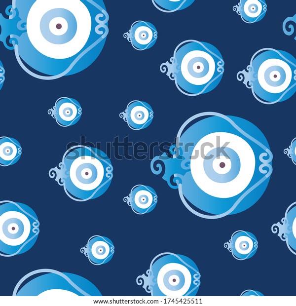 seamless pattern with evil eye and artistic shapes in blue background