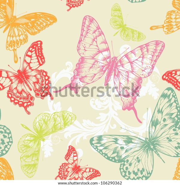 Seamless Pattern Flying Butterflies Handdrawing Vector Stock Vector ...