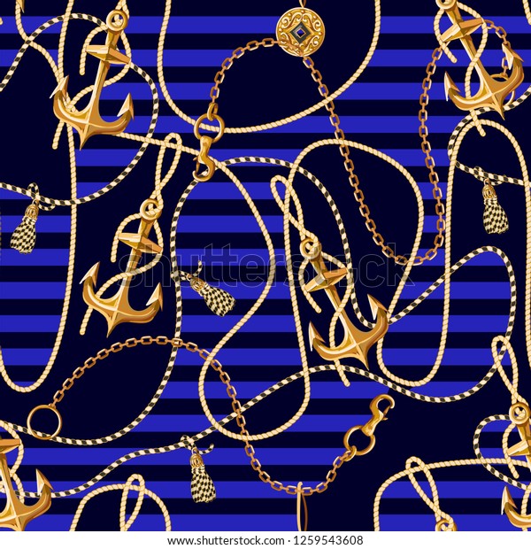 Seamless Pattern Gold Anchor Coins Chains Stock Vector (Royalty Free ...