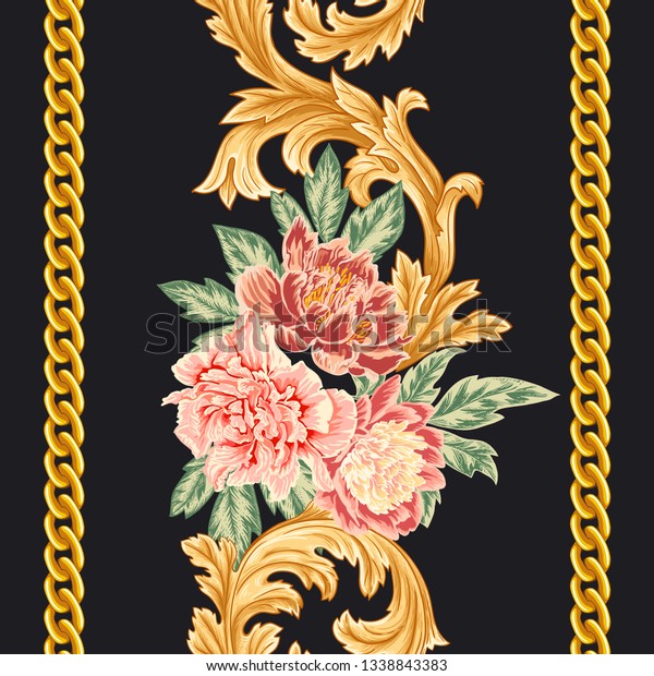 Vetor stock de Seamless Pattern Golden Chain Stylized Peonies (livre de ...