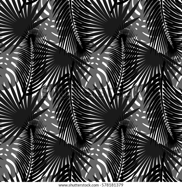 Seamless Pattern Grayscale Tropical Leaves Isolated Stock Vector ...