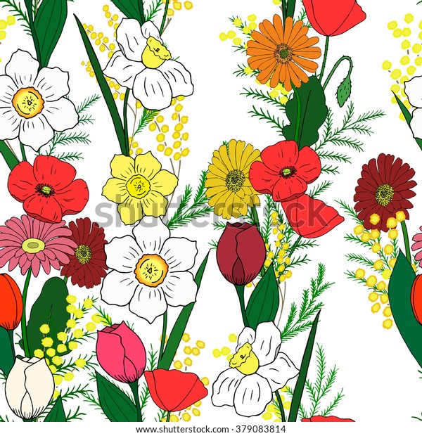 Seamless Pattern Handdrawn Flowers No Background Stock Vector (Royalty ...