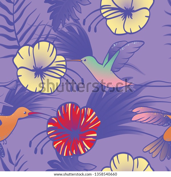Seamless Pattern Hummingbird Flies Collects Nectar Stock Vector ...