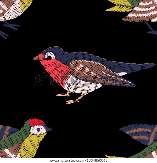 Seamless Pattern Imitation Embroidery Embroidered Birds Stock Vector ...