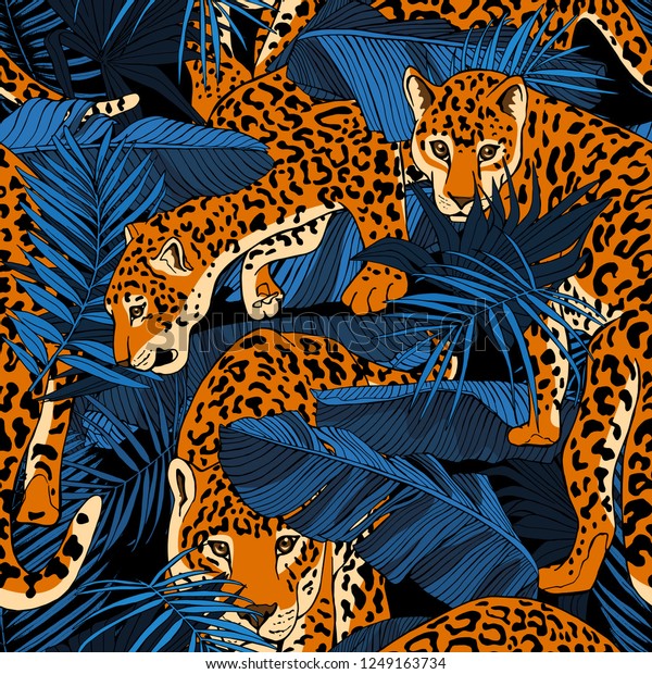 Seamless Pattern Jaguars Tropical Banana Exotic Stock Vector (Royalty ...