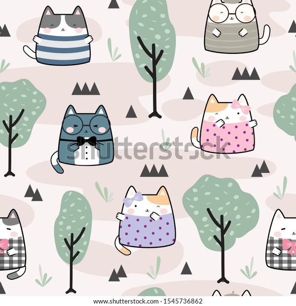 Seamless Pattern Kawaii Cute Cats Cartoon Stock Vector (Royalty Free ...