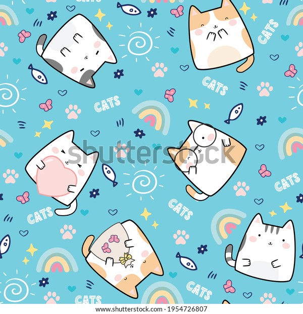 Seamless Pattern Kawaii Cute Cats Cartoon Stock Vector (Royalty Free ...