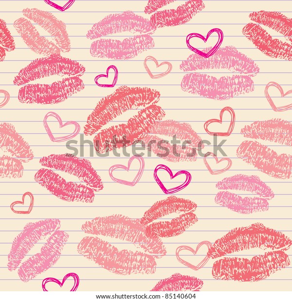 seamless pattern with kisses and hearts on realistic paper