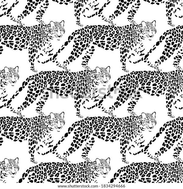 Seamless Pattern Leopards Handdrawn Vector Illustration Stock Vector ...