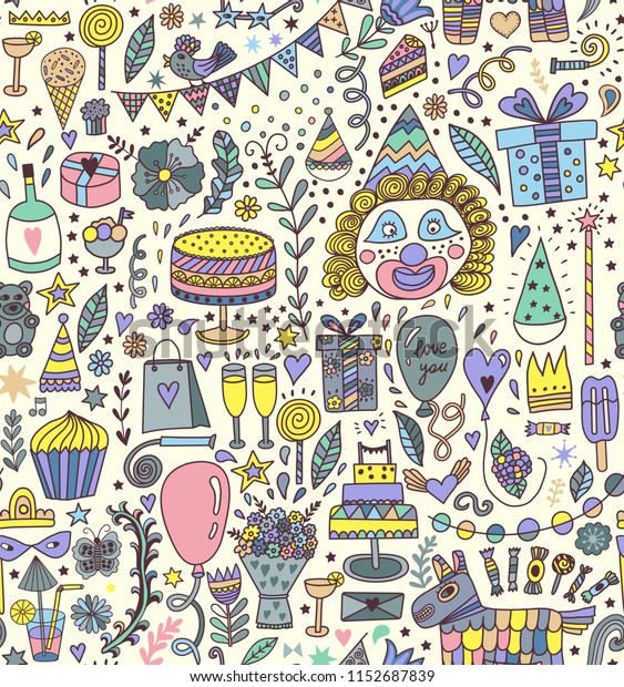 Seamless Pattern Party Doodles Happy Birthday Stock Vector (Royalty ...