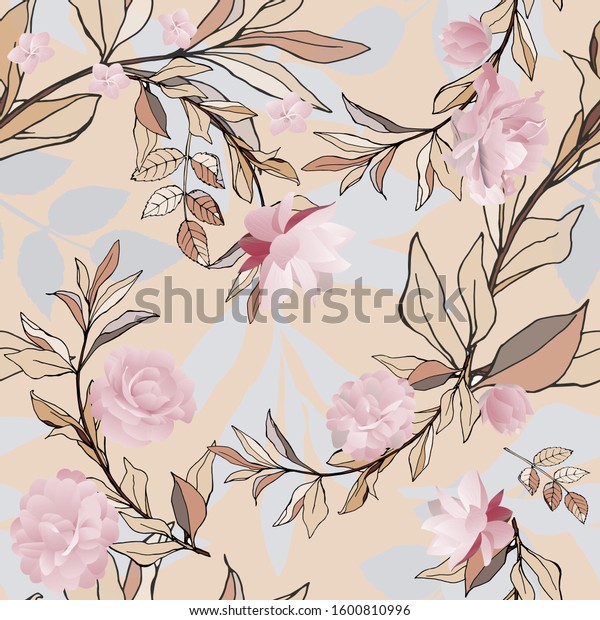 Seamless Pattern Pink Roses Tan Leaves Stock Vector (Royalty Free ...