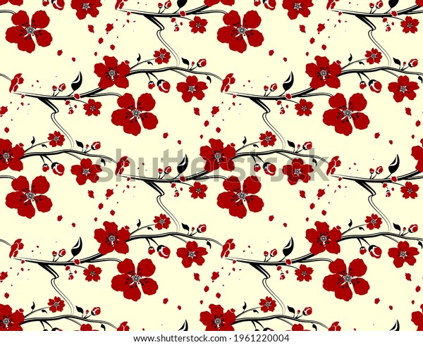 Seamless Pattern Red Sakura Flowers Stock Vector (Royalty Free ...
