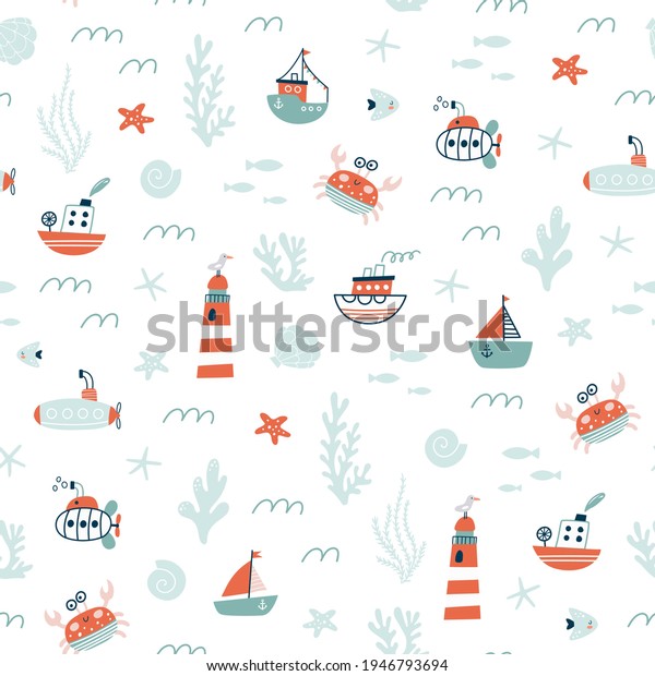 Seamless Pattern Ships Submarines Sailboat Yacht Stock Vector (Royalty ...