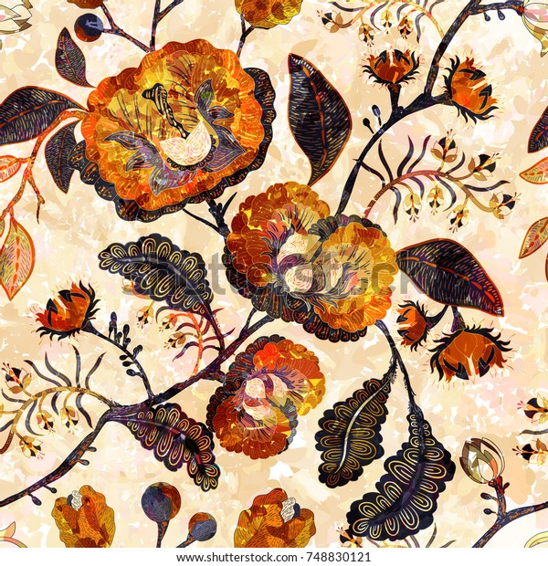 Seamless Pattern Stylized Flowers Plants Decorative Stock Vector ...