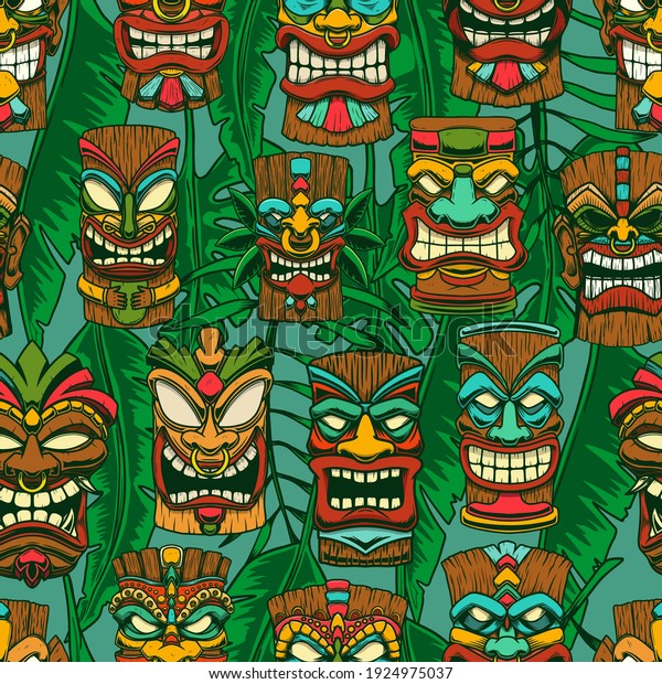 Seamless Pattern Tiki Idols Palm Leaves: Vector có sẵn (miễn phí bản ...