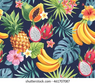 Seamless Pattern Tropical Flowers Leaves Fruits: vetor stock (livre de ...