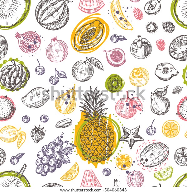 Seamless Pattern Tropical Fruits Hand Drawn Stock Vector (Royalty Free) 504060343