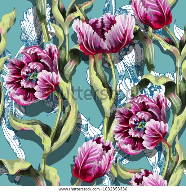 Seamless Pattern Tulips Flowers Drawing Different Stock Vector (Royalty ...