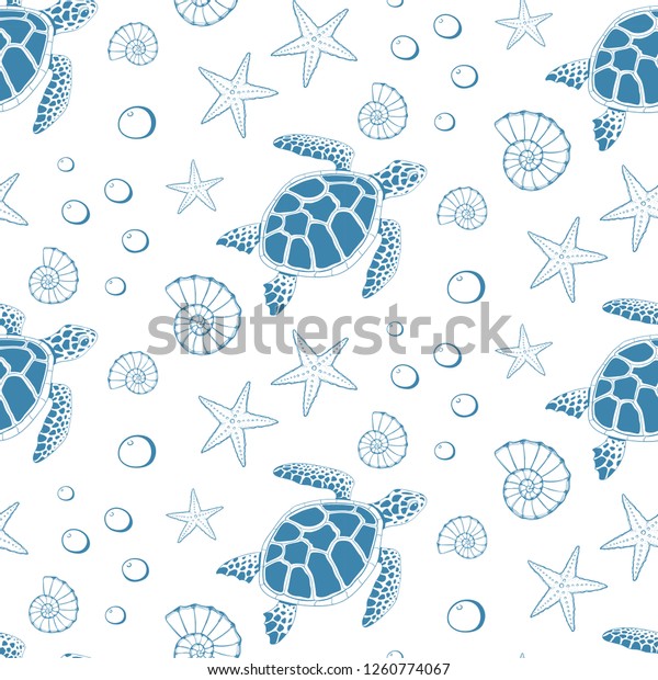 Seamless Pattern Turtle Sea Stars Shells: vector de stock (libre de ...