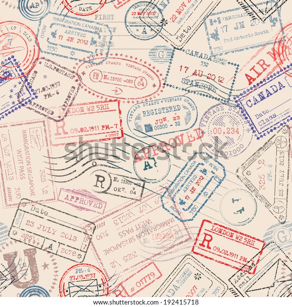 Seamless Pattern Vintage Passport Stamps Stock Vector (Royalty Free ...