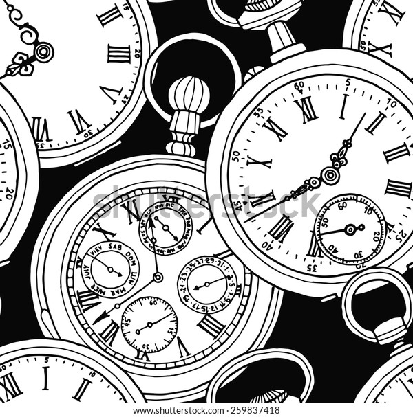 Seamless Pattern Vintage Watch Black White Stok Vektör (Telifsiz) 259837418