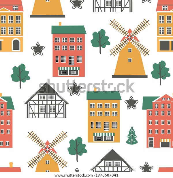 Seamless Pattern Windmill Scandinavian Buildingstree Traditional Stock ...