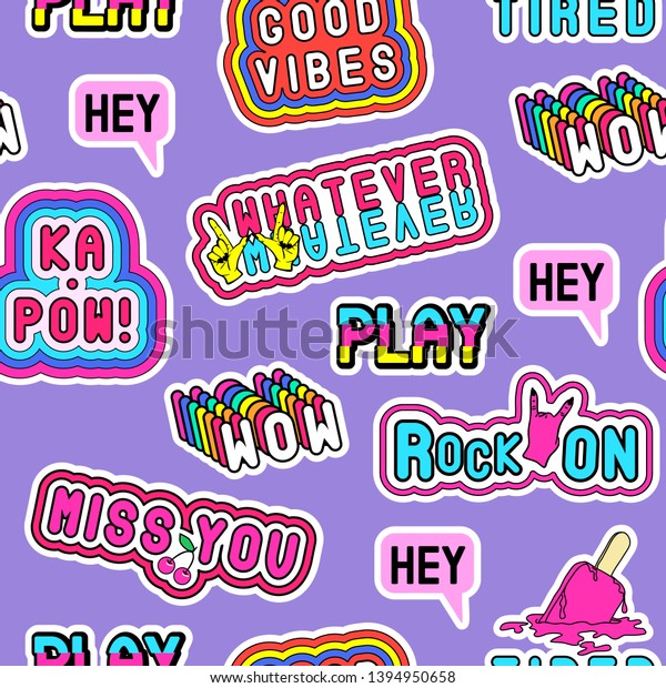 Seamless Pattern Word Patches Purple Background Stock Vector (Royalty ...
