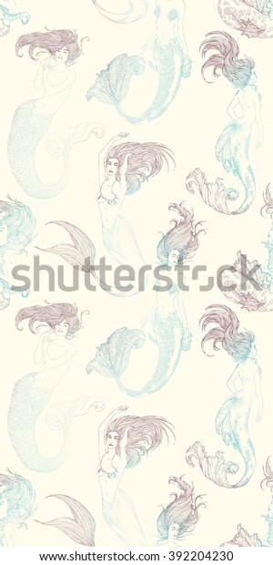 Seamless Patterns Ink Sketches Mermaids Hand Stock Vector (Royalty Free ...