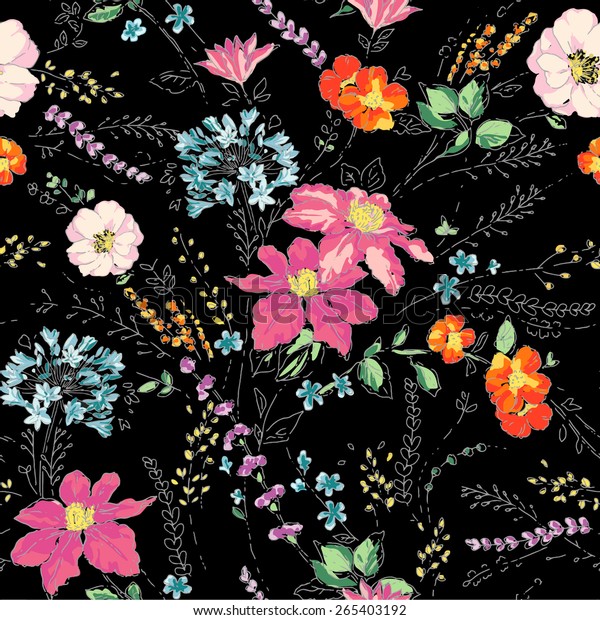 Seamless Patternsketch Flowersfloral Patternchic Vectorsprint Pattern ...