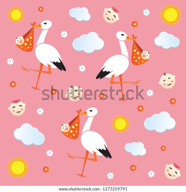 Seamless Pink Cartoon Background Storks Carrying Stock Vector (Royalty ...