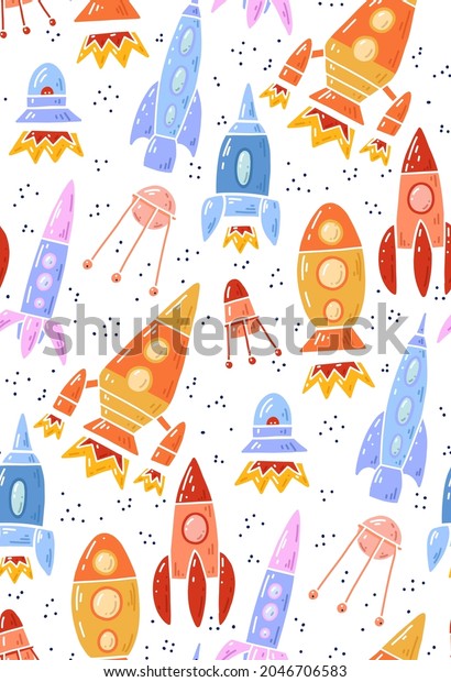 Seamless Space Texture Outline Cartoon Spaceships Stock Vector (Royalty ...