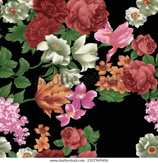 Seamless Textile Flower Design Black Ground Stock Vector (Royalty Free ...