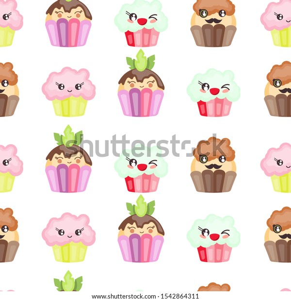 Seamless Texture Cute Kawaii Cupcake Vector: стоковая векторная графика ...