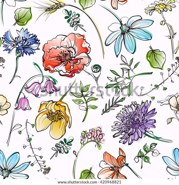 Seamless Texture Wildflowers White Background Vector Stock Vector ...